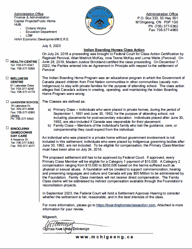 Indian Boarding Homes Class Action – M'Chigeeng First Nation
